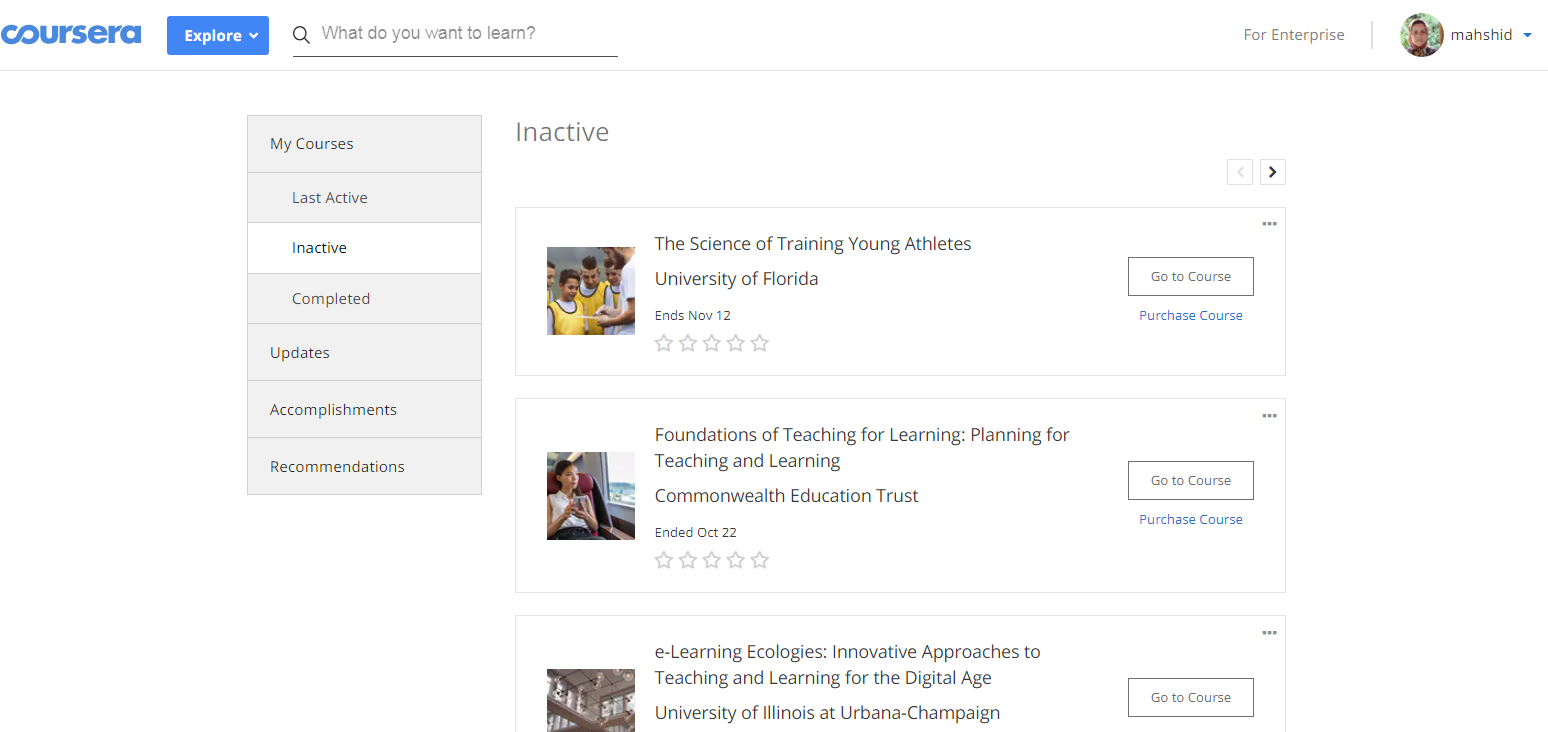 بعد از ثبت نام، وارد صفحه‌ی شخصیتون در کورسرا میشید و برای پیدا کردن ...