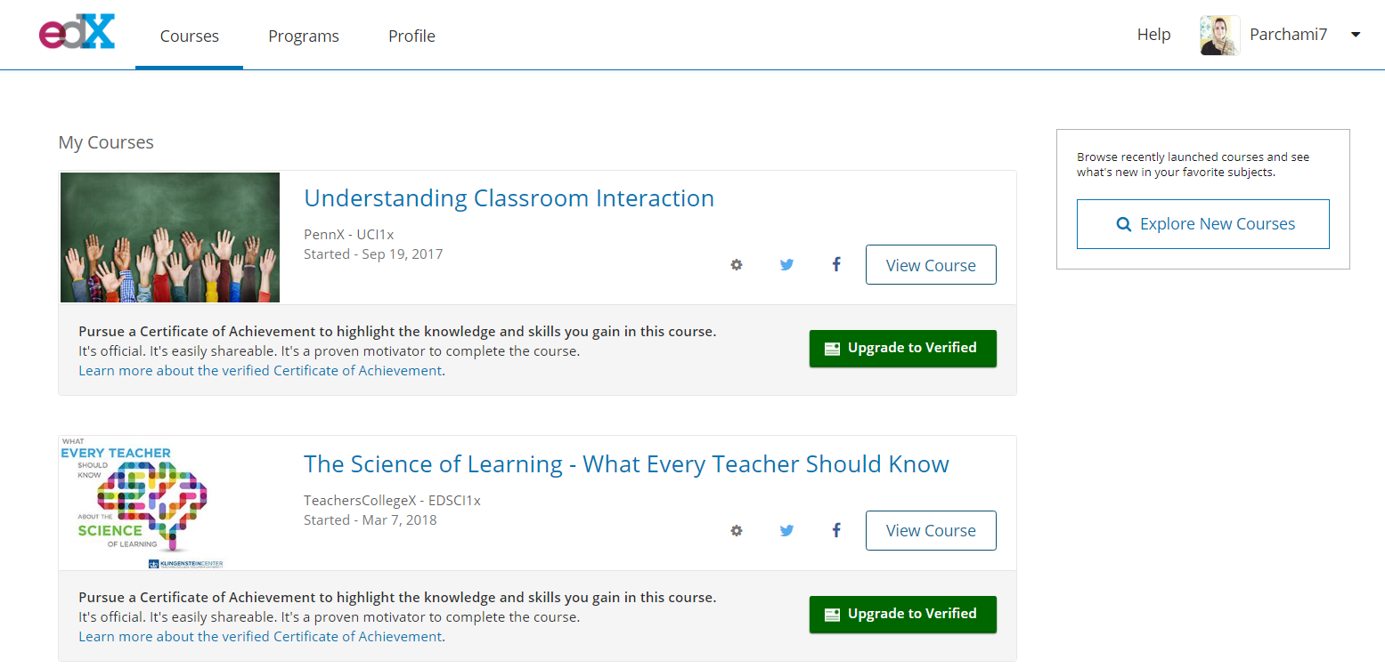 بعد از ثبت نام، وارد صفحۀ داشبورد edX میشید؛ در این صفحه همۀ دوره‌هایی ...
